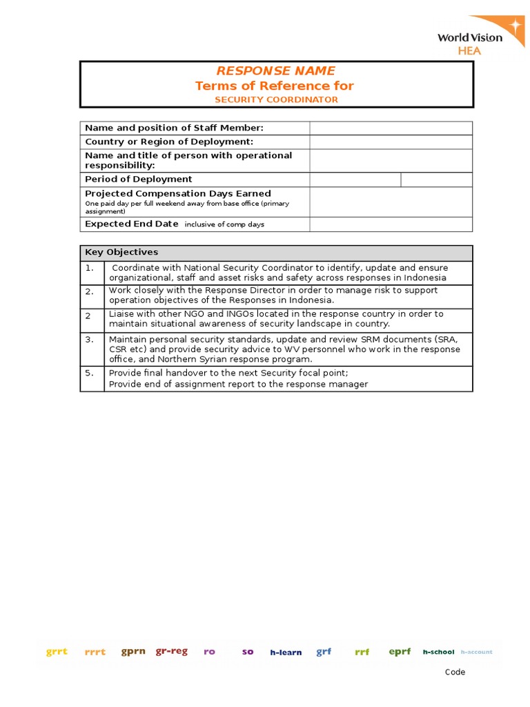 TOR - Security Coordinator Generic01 | PDF | Insurance | Service Industries