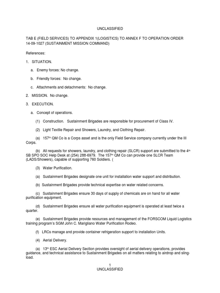 App 1 (Logistics) Tab E (Field Services) To Annex F (Sustainment) As of ...