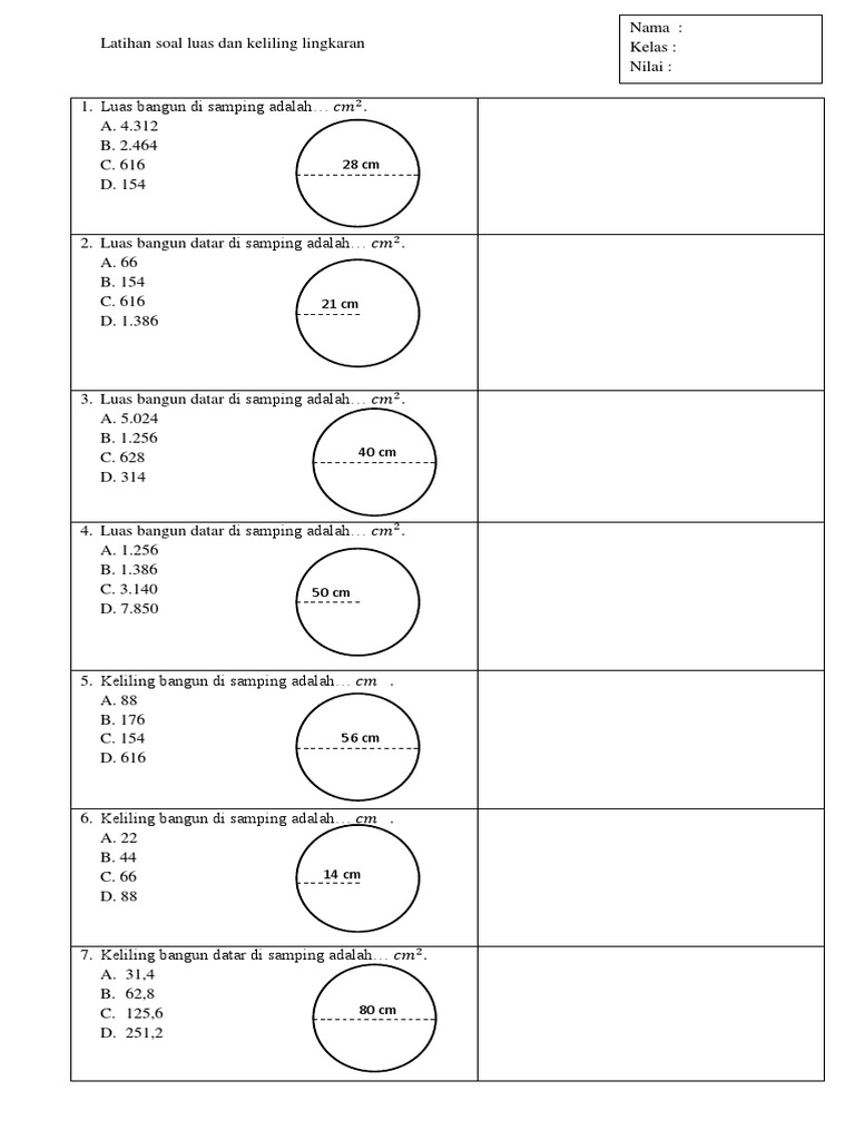 Latihan Soal Luas Dan Keliling Lingkaran | PDF