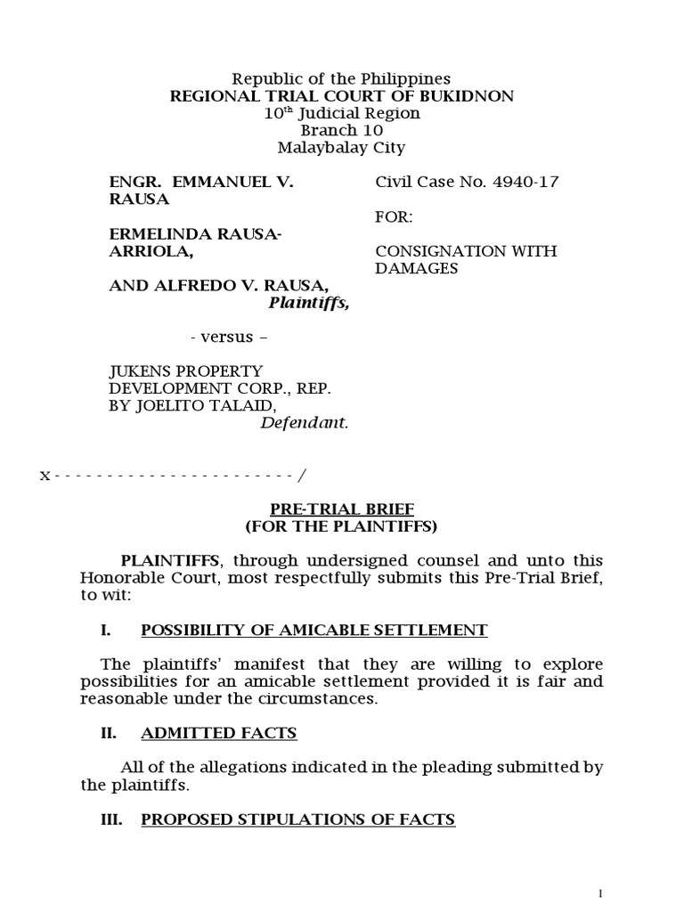 Pre Trial Brief of Rausa | PDF | Discovery (Law) | Damages