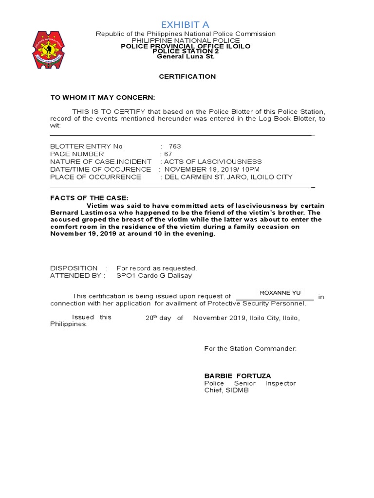 Police Blotter Entry Example - Iloilo | PDF