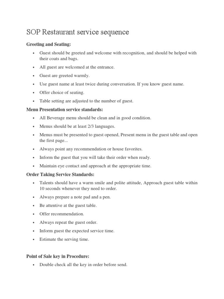 SOP Restaurant Service Sequence | PDF | Menu | Point Of Sale
