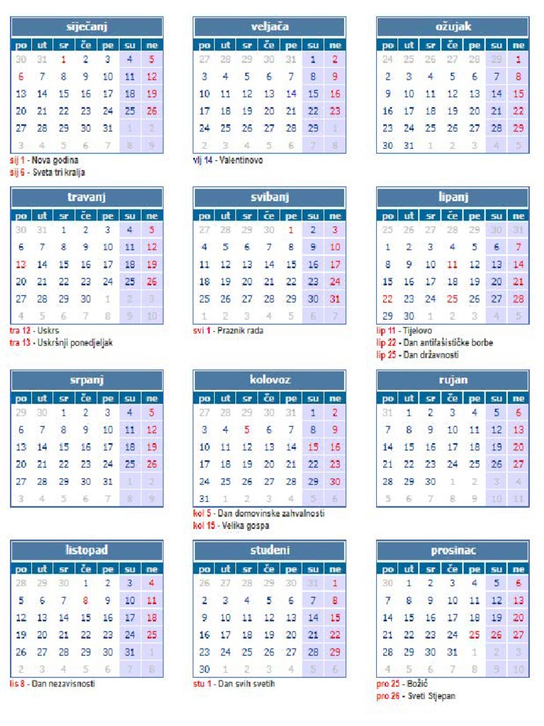 Kalendar Sa Hrvatskim Praznicima Blagdanima 2020 Godina | PDF