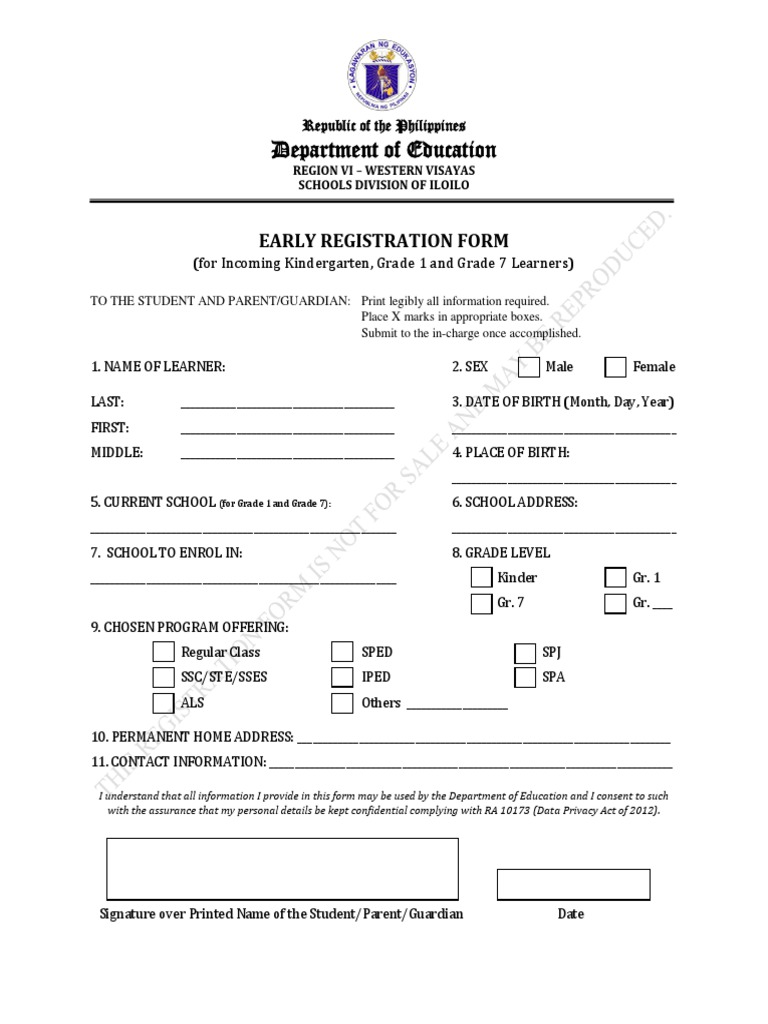 Early Registration Form: Kindergarten, Grade 1 & 7 | PDF | Government ...