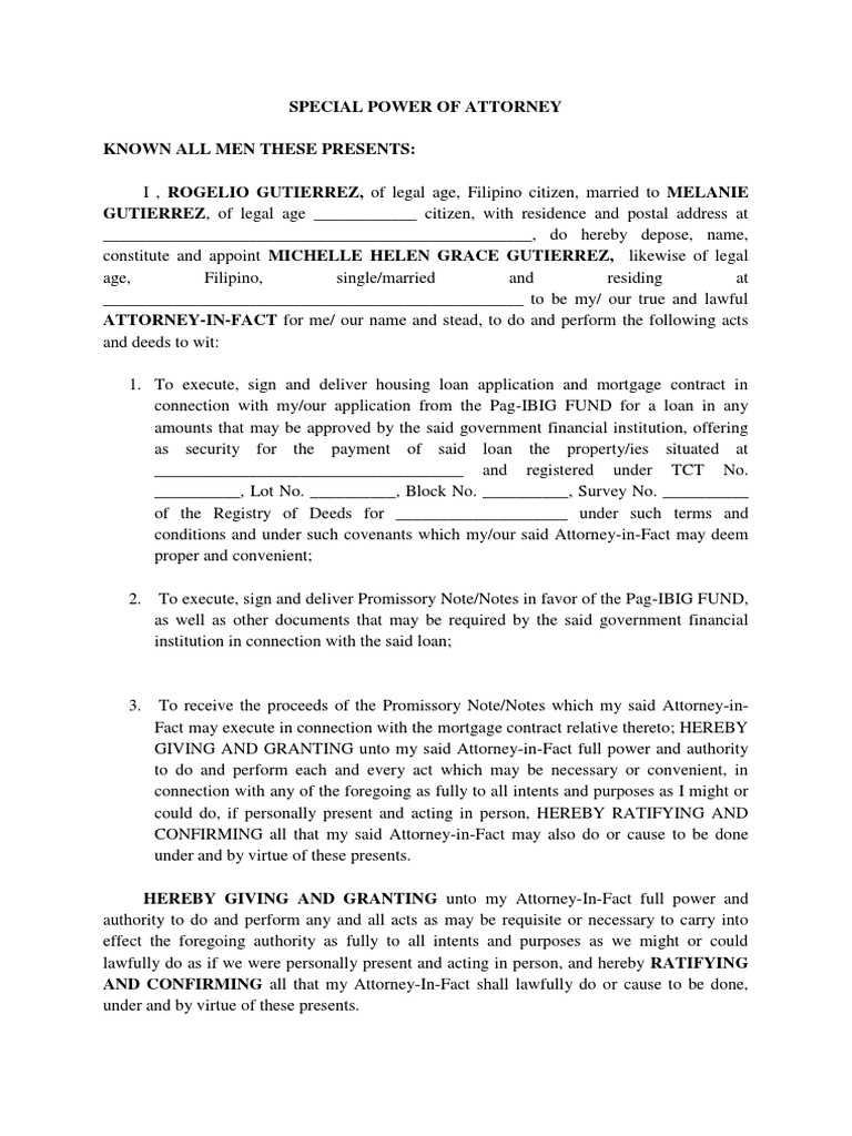 Special Power of Attorney Pag Ibig | PDF | Power Of Attorney ...