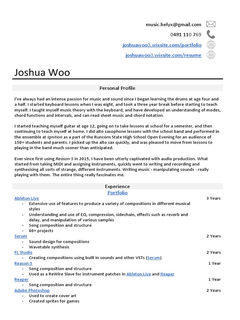 Joshua's CV | PDF | Synthesizer | Musical Compositions