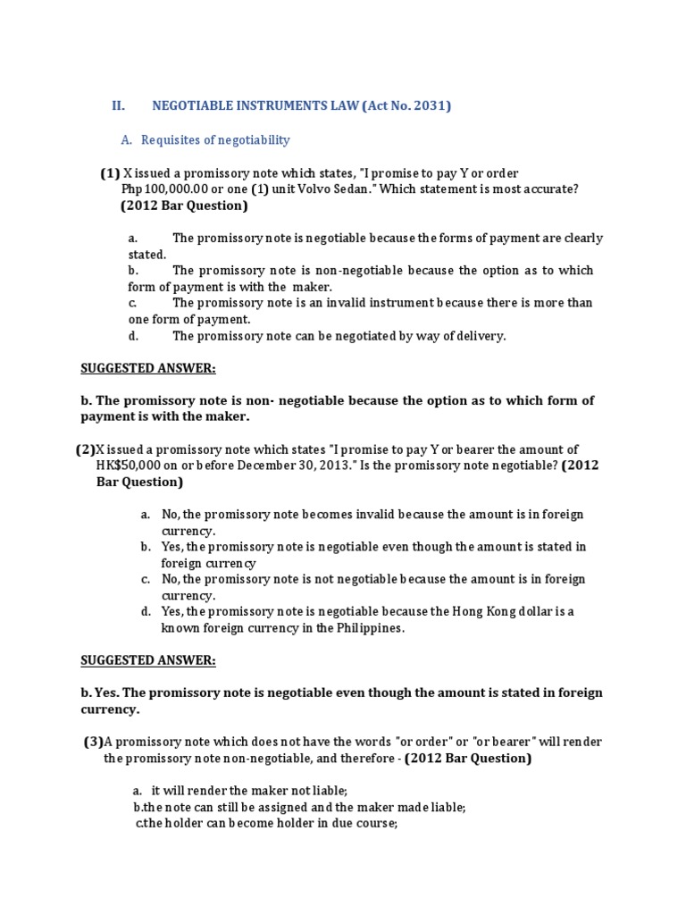 Negotiable Instruments Law Bar QnA | PDF | Negotiable Instrument ...