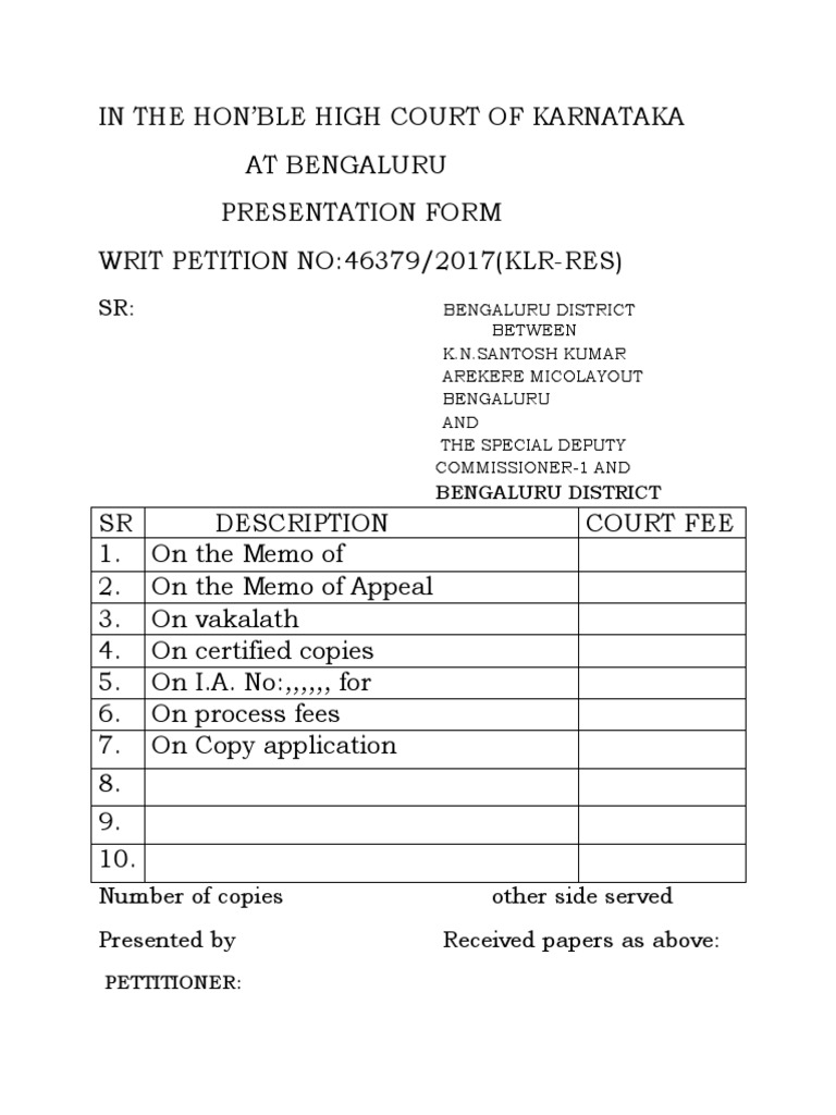 Karnataka High Court Writ Petition Form | PDF | Science & Mathematics