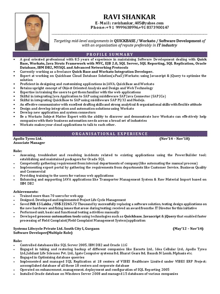QuickBase Ravi Shankar Resume | PDF | Enterprise Resource Planning ...
