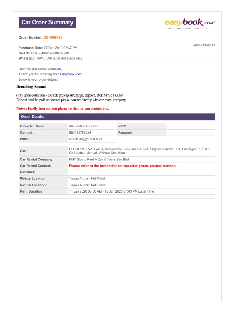 Order Summary PDF | PDF | Car Rental | Fee