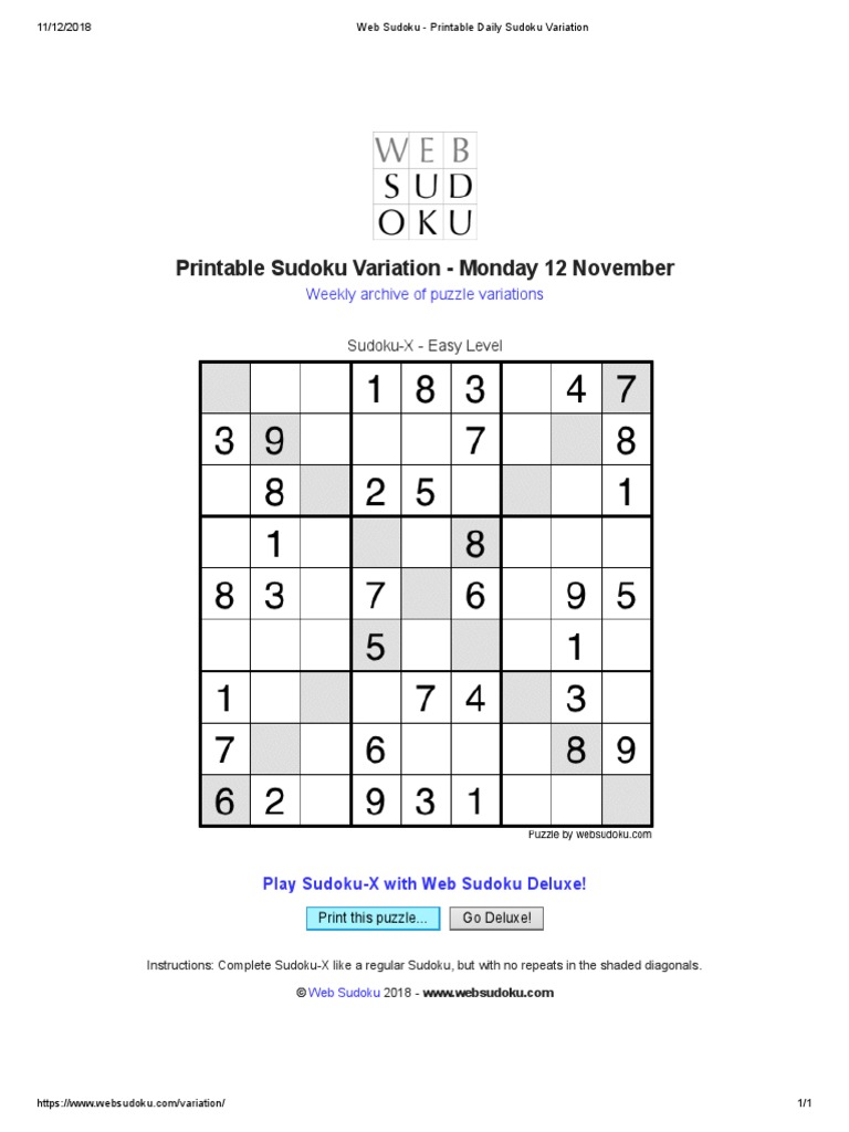 Web Sudoku - Printable Daily Sudoku Variation | PDF