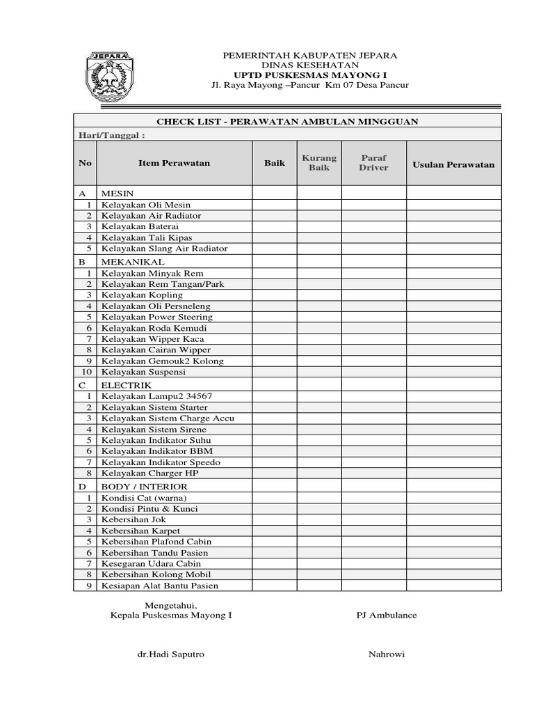Weekly Ambulance Maintenance Checklist | PDF