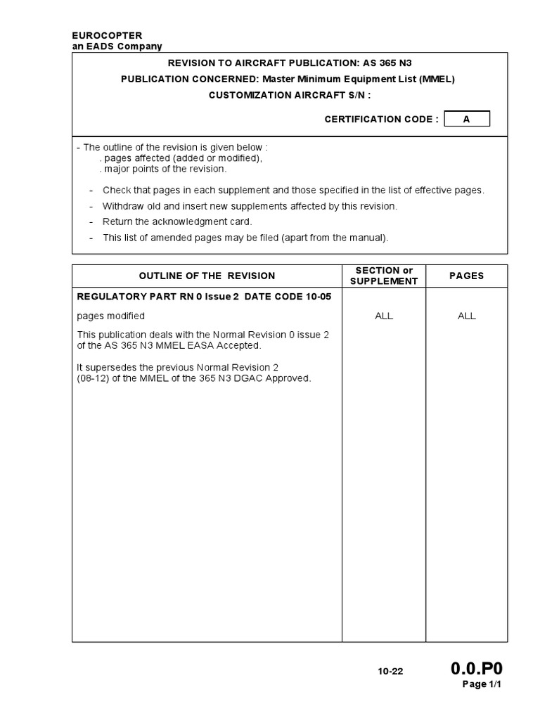 Master Minimum Equipment List Revision for the Eurocopter AS 365 N3 ...