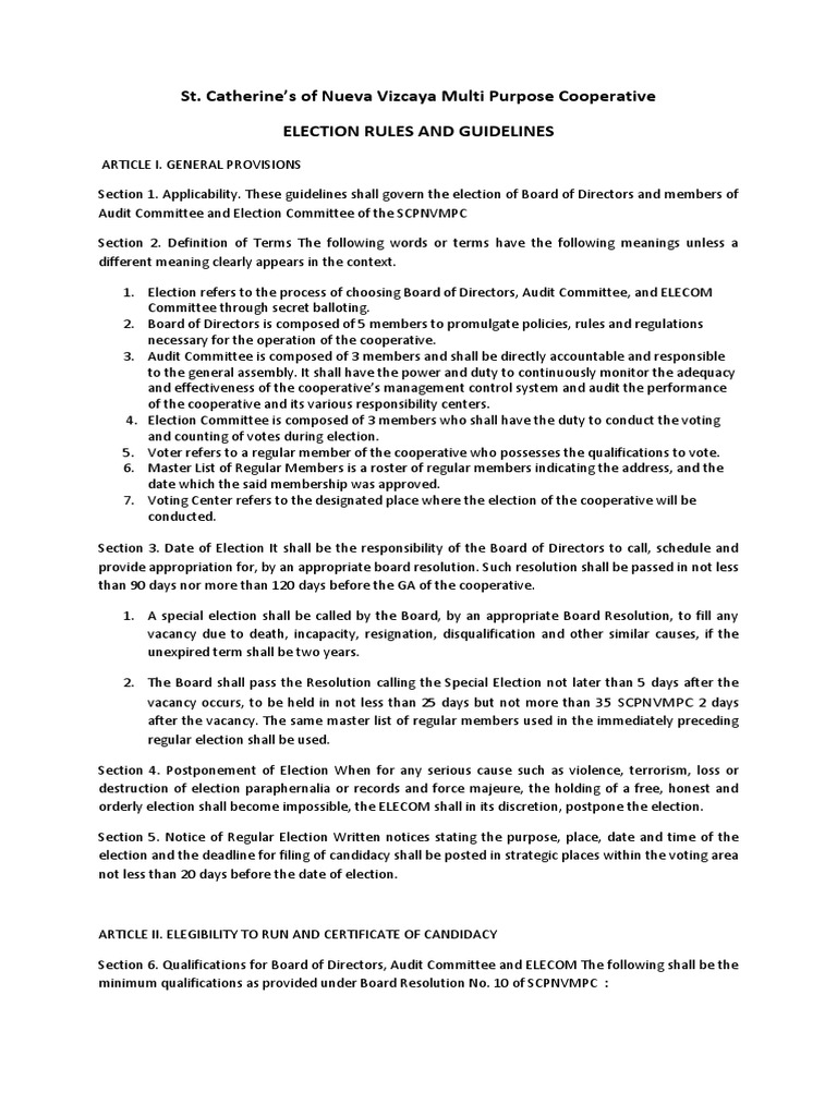 SCPNVMPC Election Rules and Guidelines | PDF | Board Of Directors | Voting