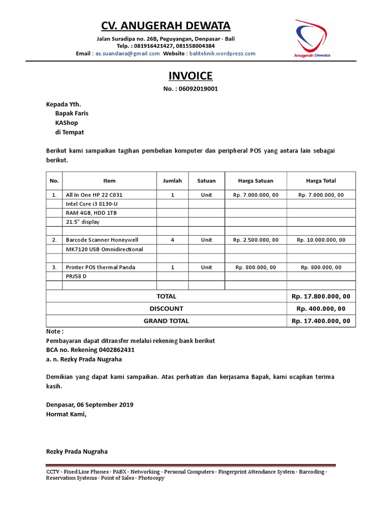Invoice Pembelian Komputer KAShop Dan FrankyNCo (AIO HP) | PDF