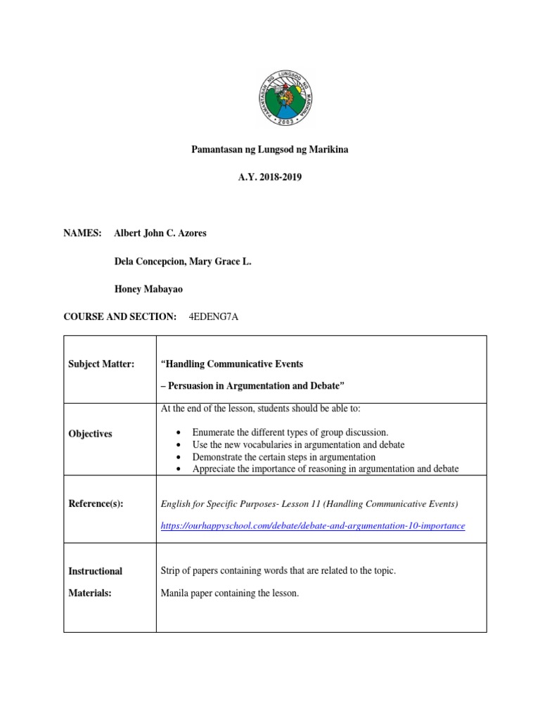 ESP Lesson Plan Argumentation and Debate | PDF | Homework | Learning