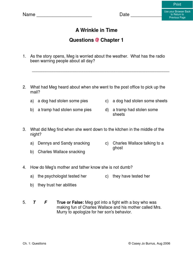 A Wrinkle in Time Chapter 1 Question PDF | PDF