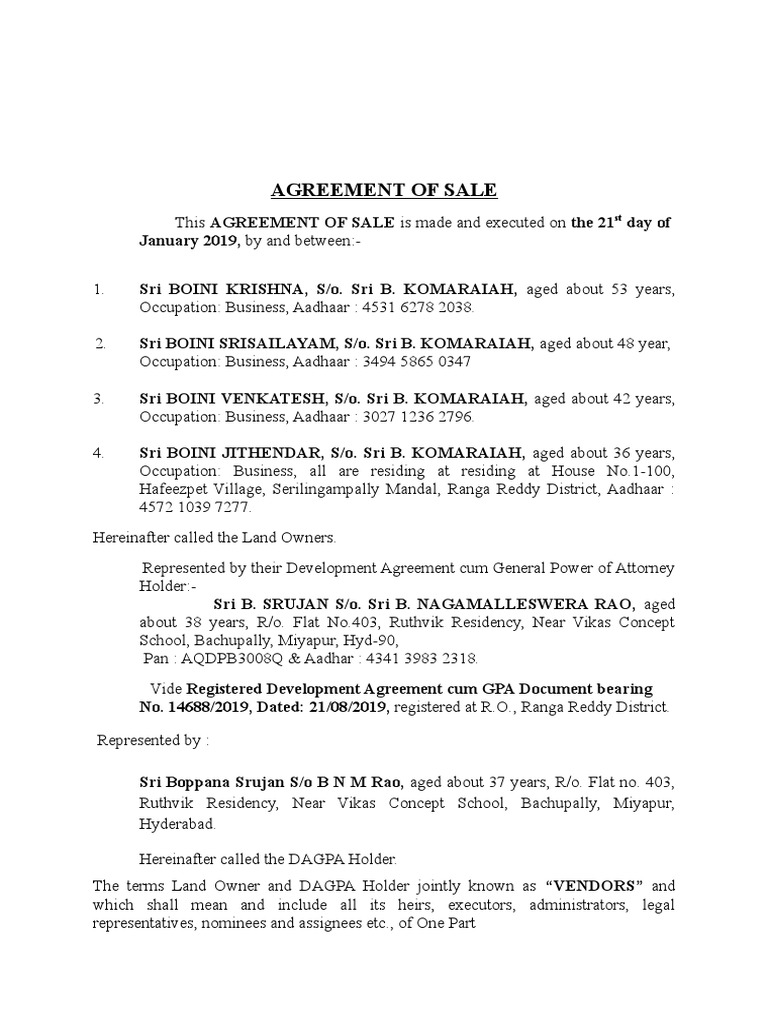 Agreement of Sale | PDF | Real Estate Law | Civil Law (Common Law)