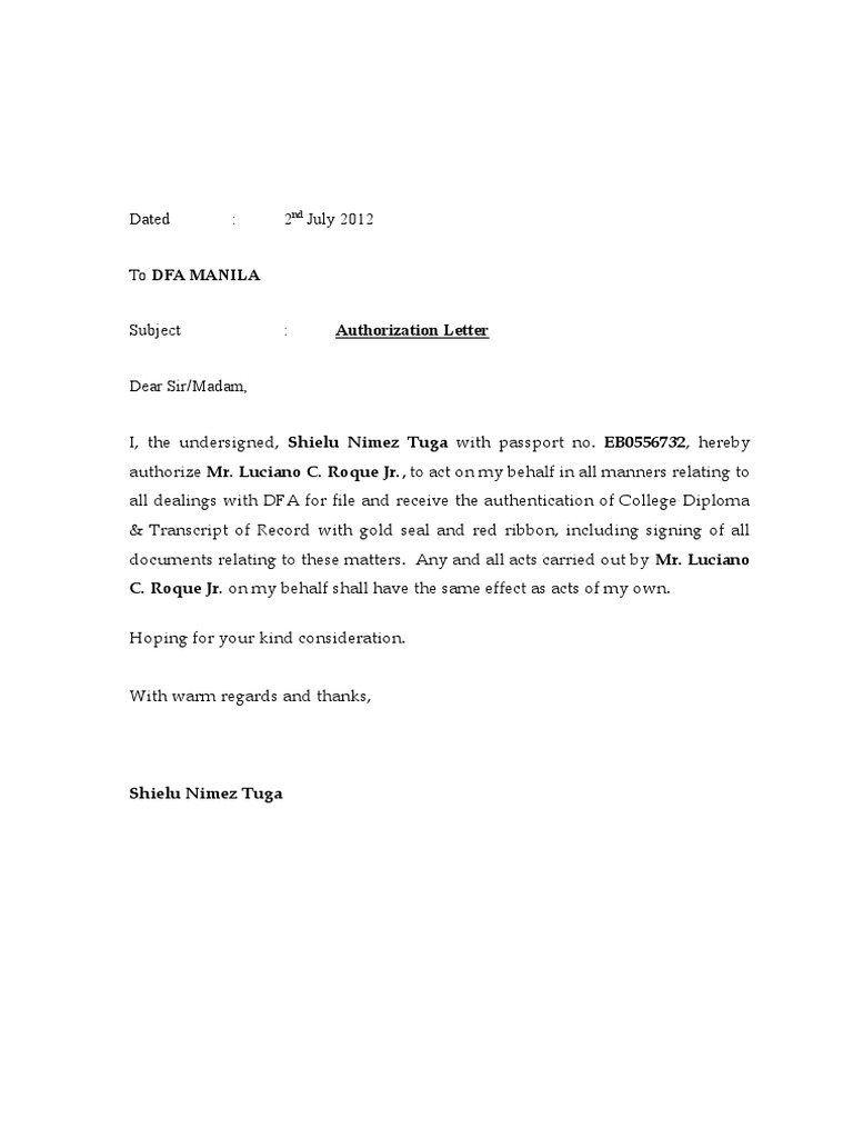 Authorization Letter DFA | PDF