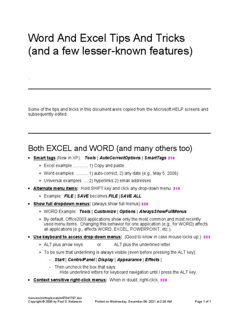 Word and Excel Tips and Tricks | PDF | Microsoft Excel | Microsoft Word