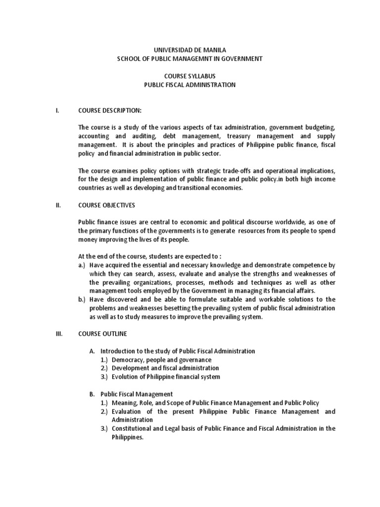 Public Fiscal Administration Syllabus | PDF | Public Finance | Public ...