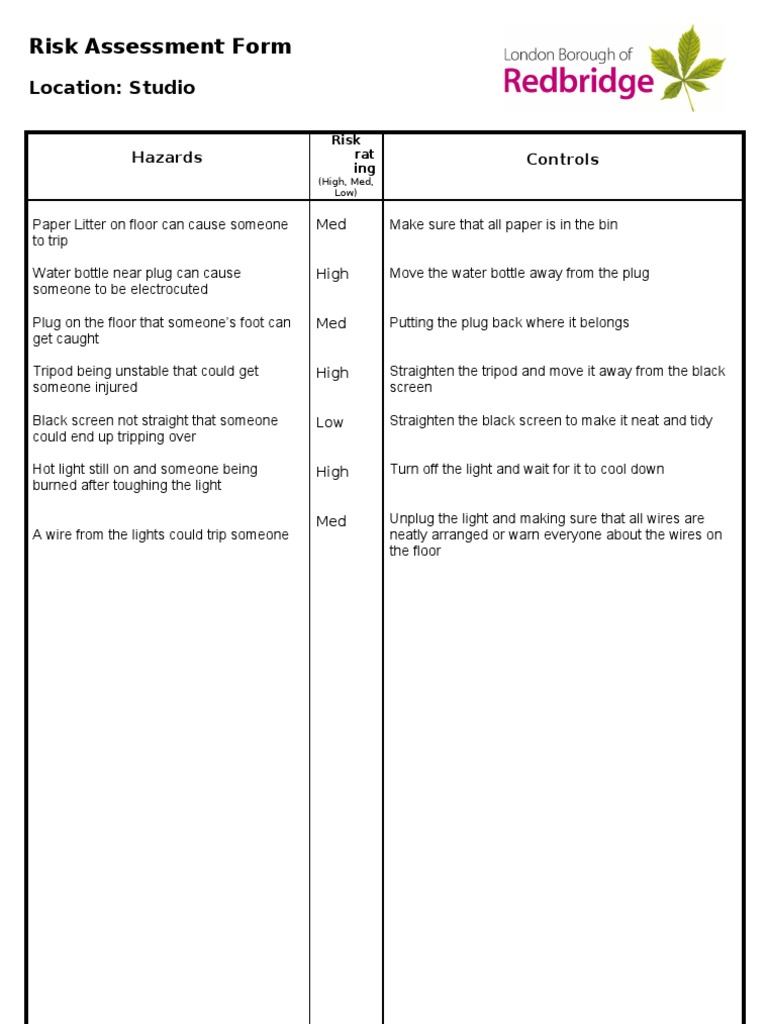 Lighting Risk Assessment Form | PDF
