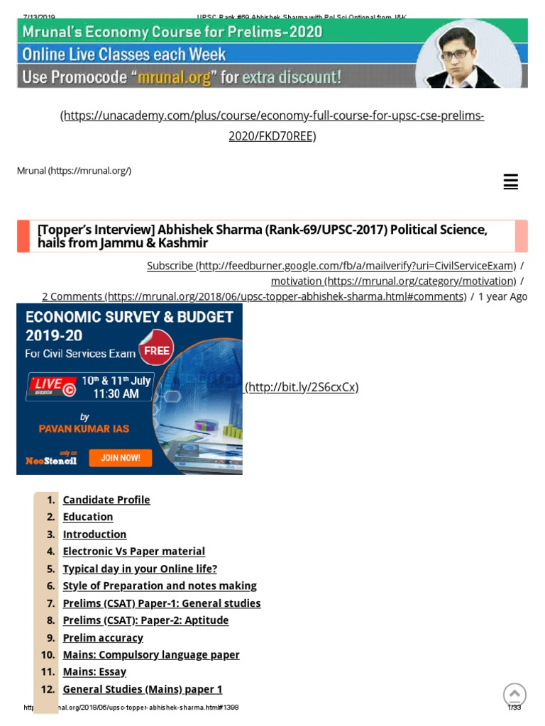 UPSC Rank #69 Abhishek Sharma With Pol - Sci Optional From J&K PDF ...