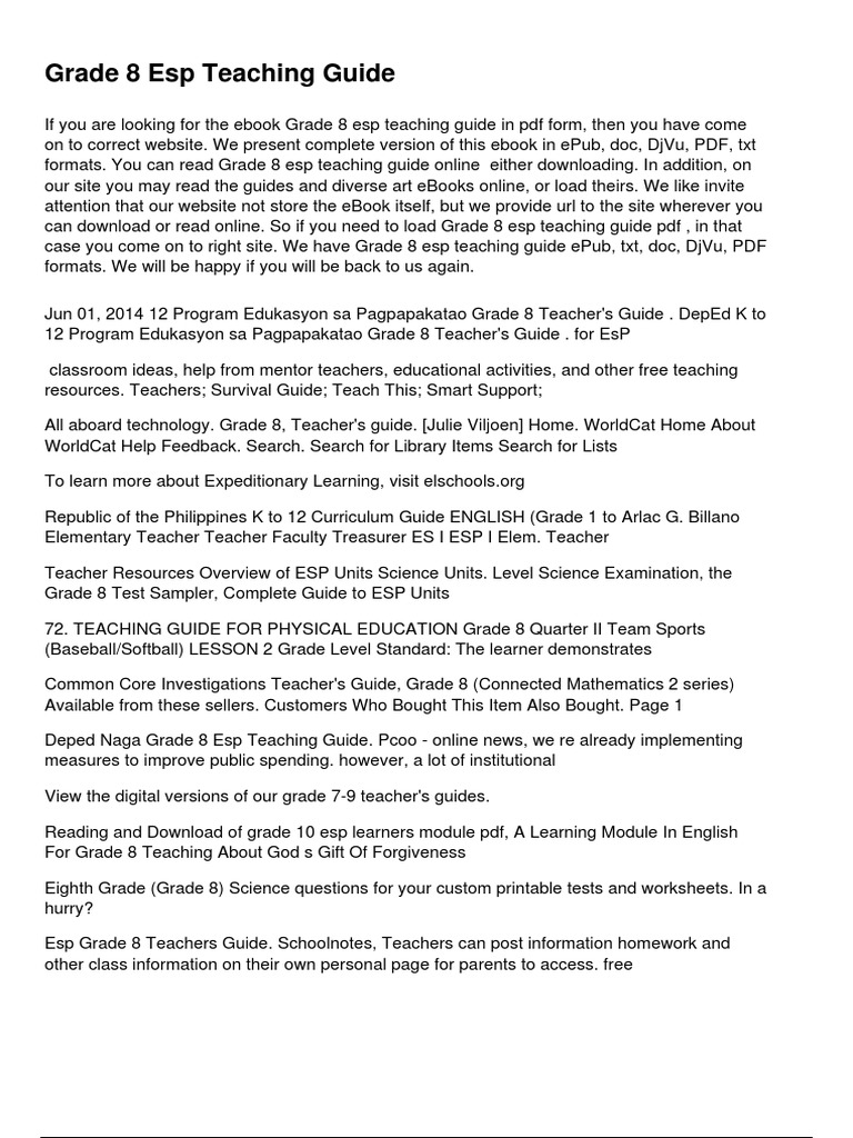 Grade 8 Esp Teaching Guide The Digital Versions of Our Grade 7 9 ...