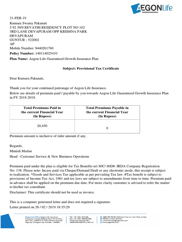 Aegon Life Tax Certificate FY 2018-19 | PDF