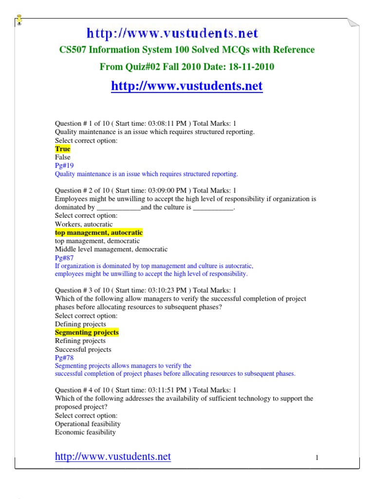 CS507 100 Solved MCQs With Reference From Quiz2 Fall 2010 | PDF ... CS507 100 Solved MCQs With Reference From Quiz2 Fall 2010 | PDF ...