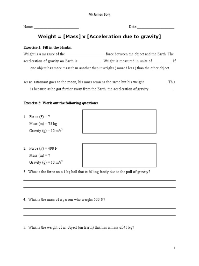 Worksheet - Weight Mass X Acceleration Due To Gravity | Download Free ...