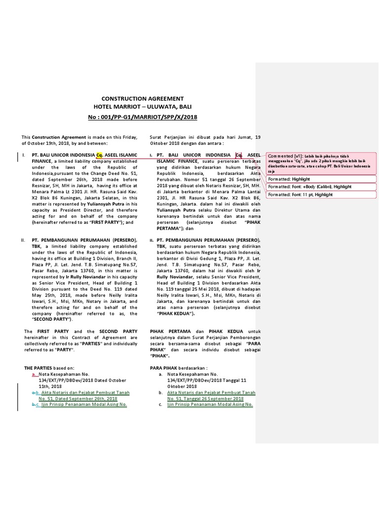 CONSTRUCTION AGREEMENT Draft Bilingual | PDF