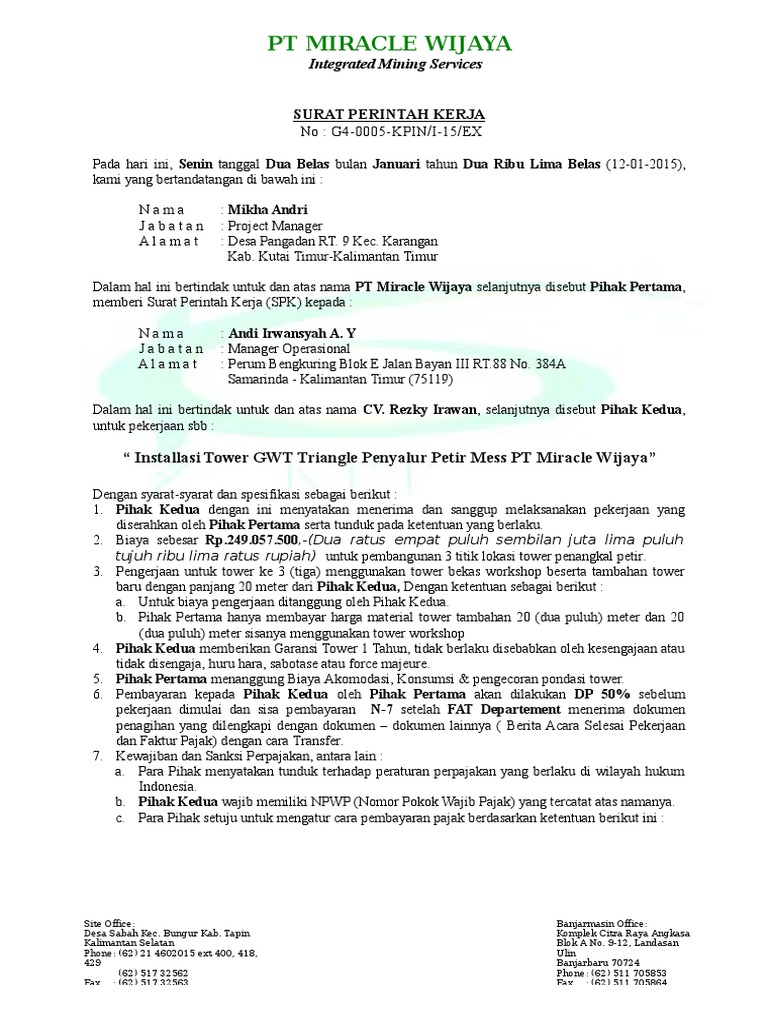 Contoh Surat Perintah Kerja Atau SPK | PDF