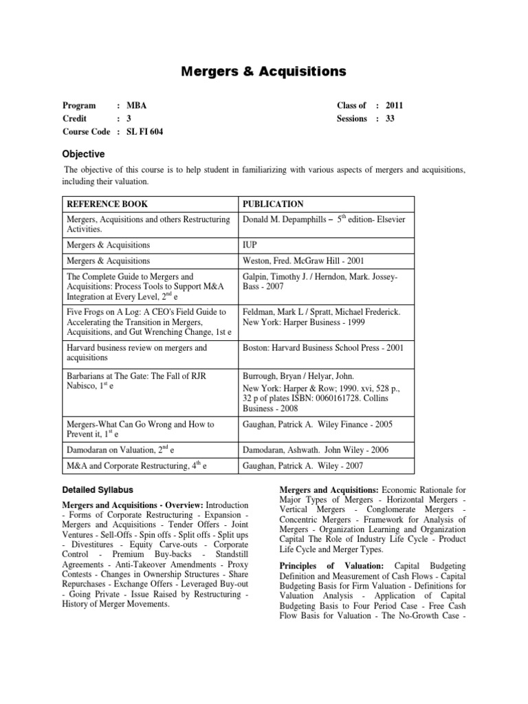 Mergers and Acquisitions MBA Course | PDF | Mergers And Acquisitions ...