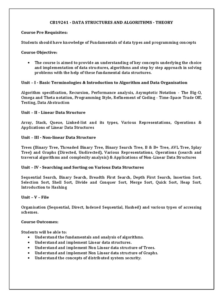 Cb19241 Csbs Data Structure And Algorithms Theory Syllabus Pdf Computer Programming Algorithms