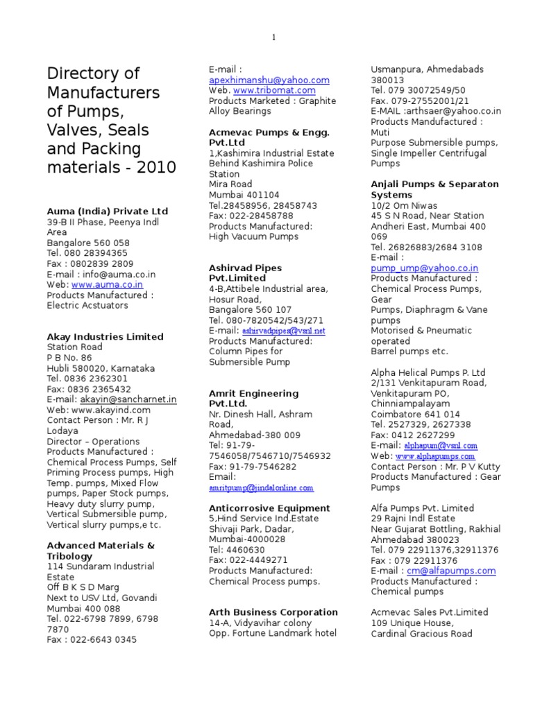 Pumps and Valves Manufacturers Directory | PDF | Pump | Gas Technologies