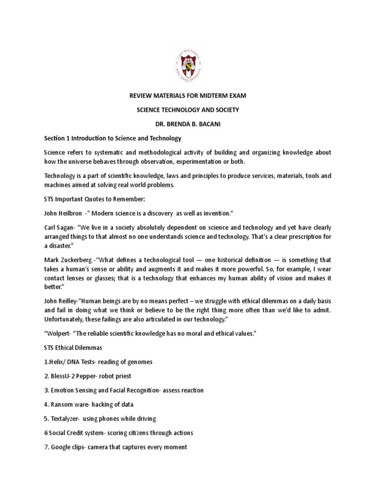 Review Materials For Midterm STS | PDF | Science | Psychoanalysis