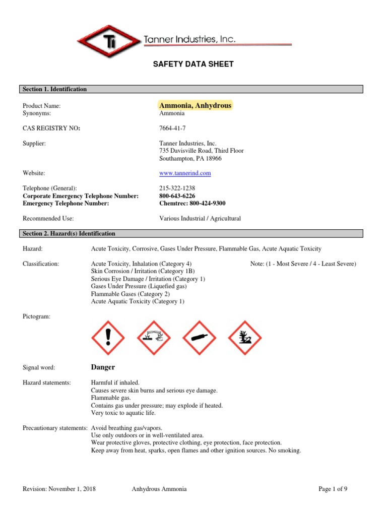 Ammonia SDS | Download Free PDF | Ammonia | Dangerous Goods
