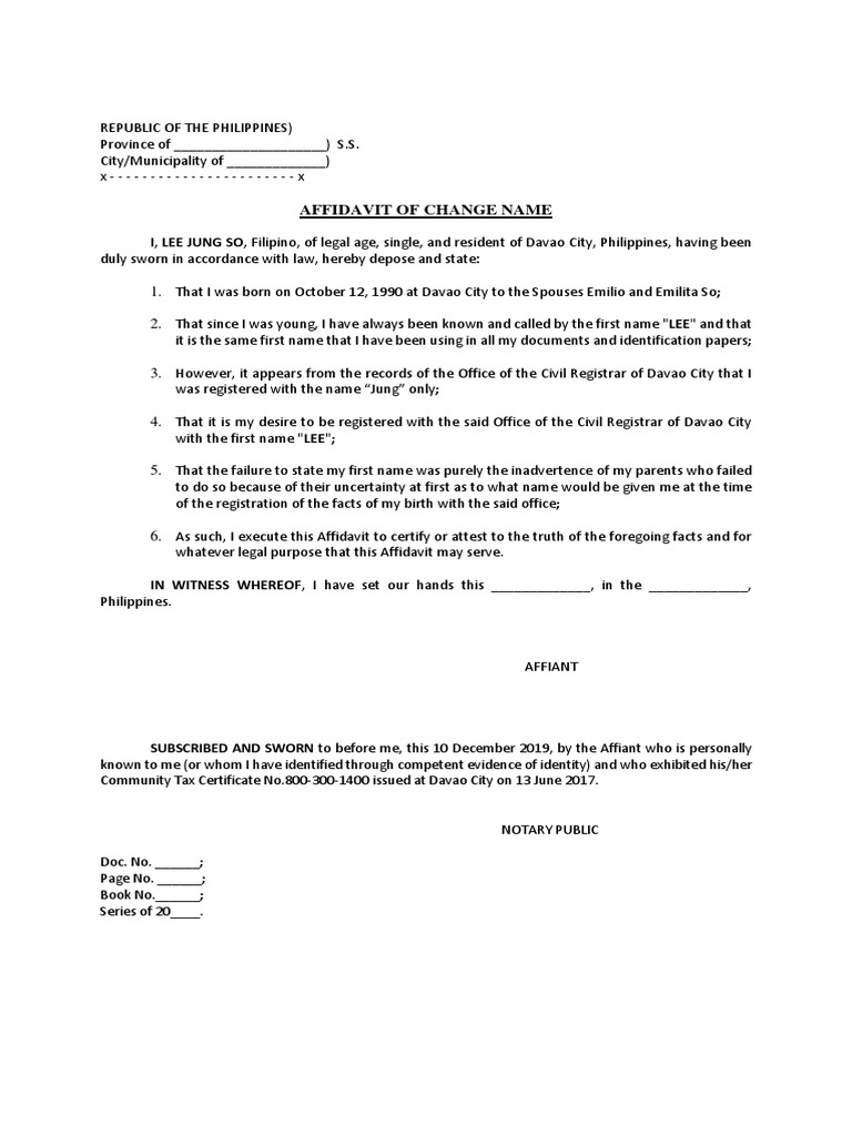 Affidavit of Change of Name Sample | PDF