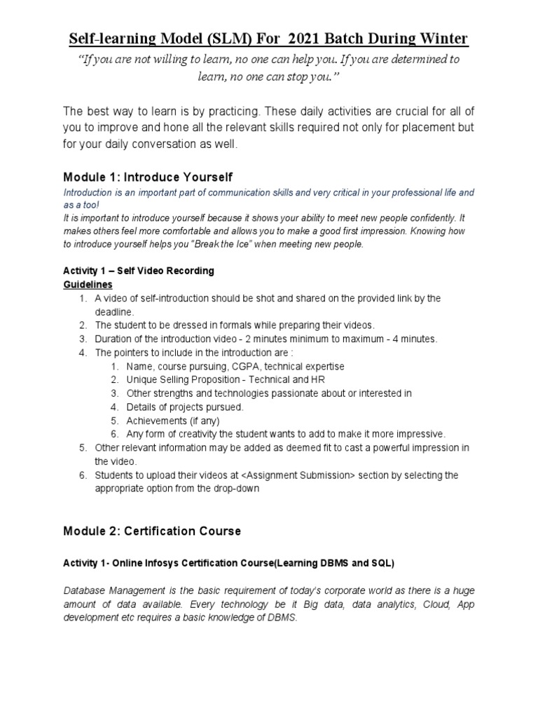 Self-Learning Model (SLM) For 2021 Batch During Winter | PDF ...
