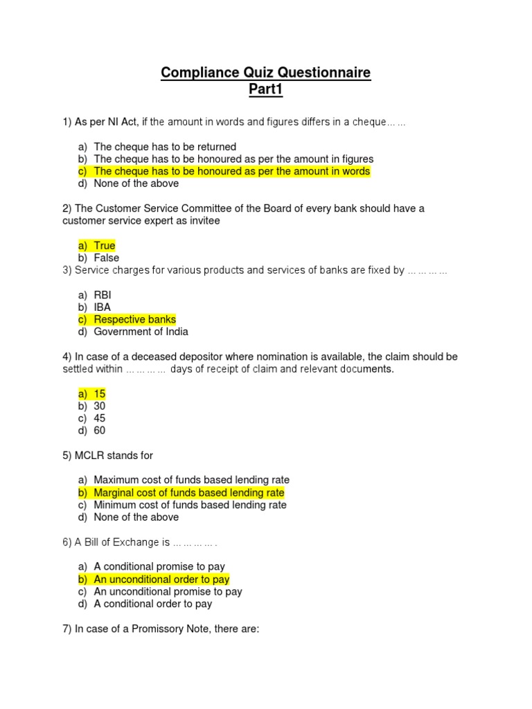 Compliance Quiz | PDF | Reserve Bank Of India | Negotiable Instrument