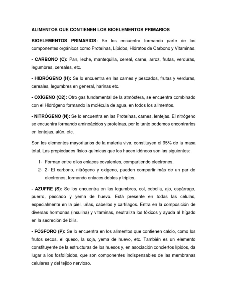 Alimentos Que Contienen Los Bioelementos Primarios | PDF | Calcio | Potasio
