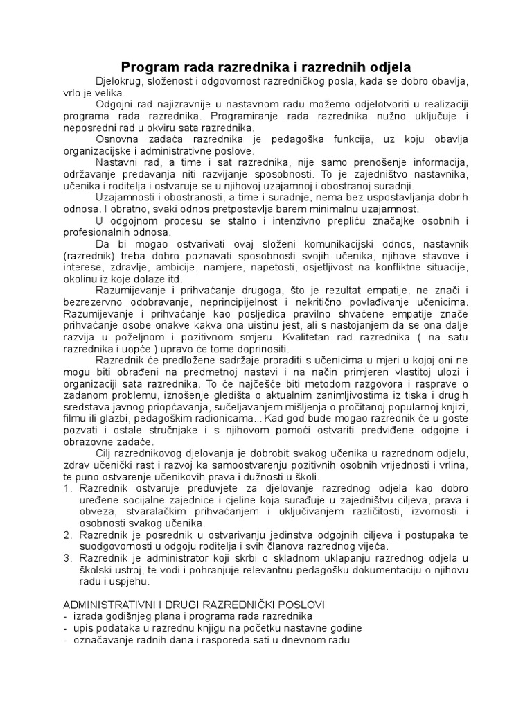 Program Rada Razrednika I Razrednih Odjela | PDF