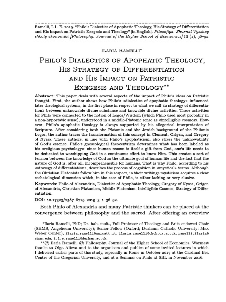Ramelli - Philo's Dialectics of Apophatic Theology | PDF | Neoplatonism ...