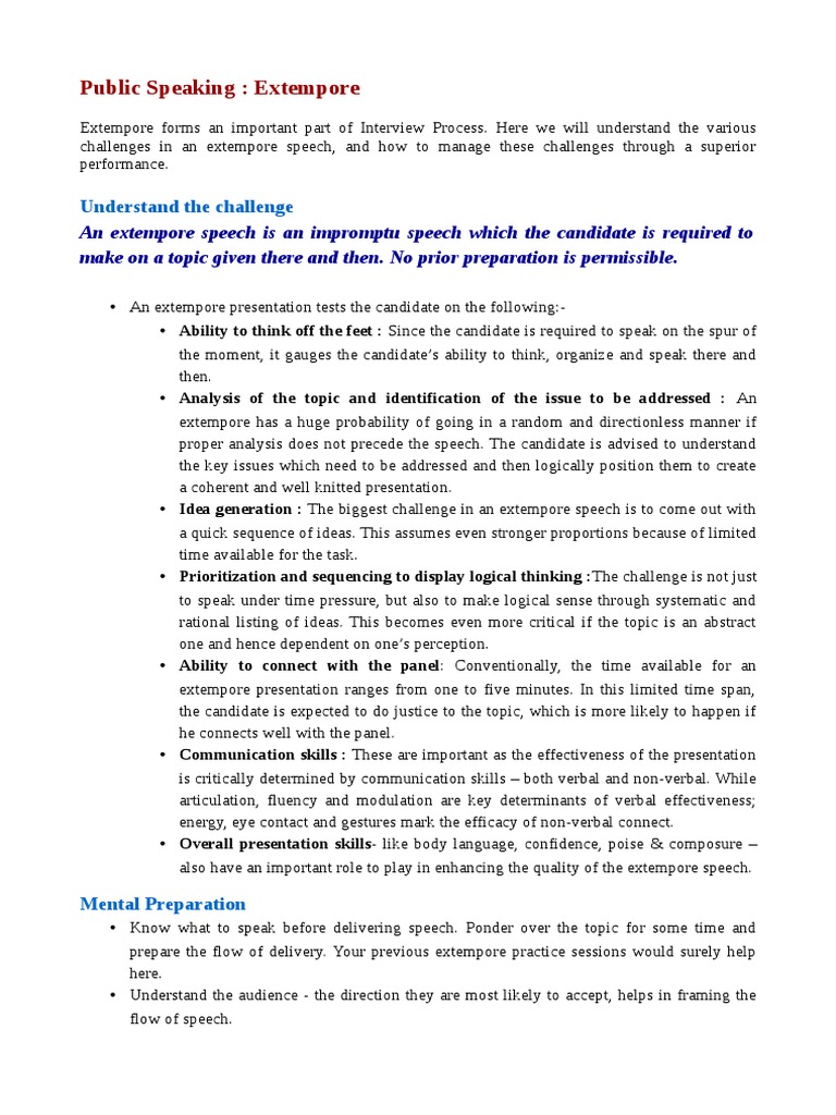 Public Speaking - Extempore | PDF | Nonverbal Communication | Communication