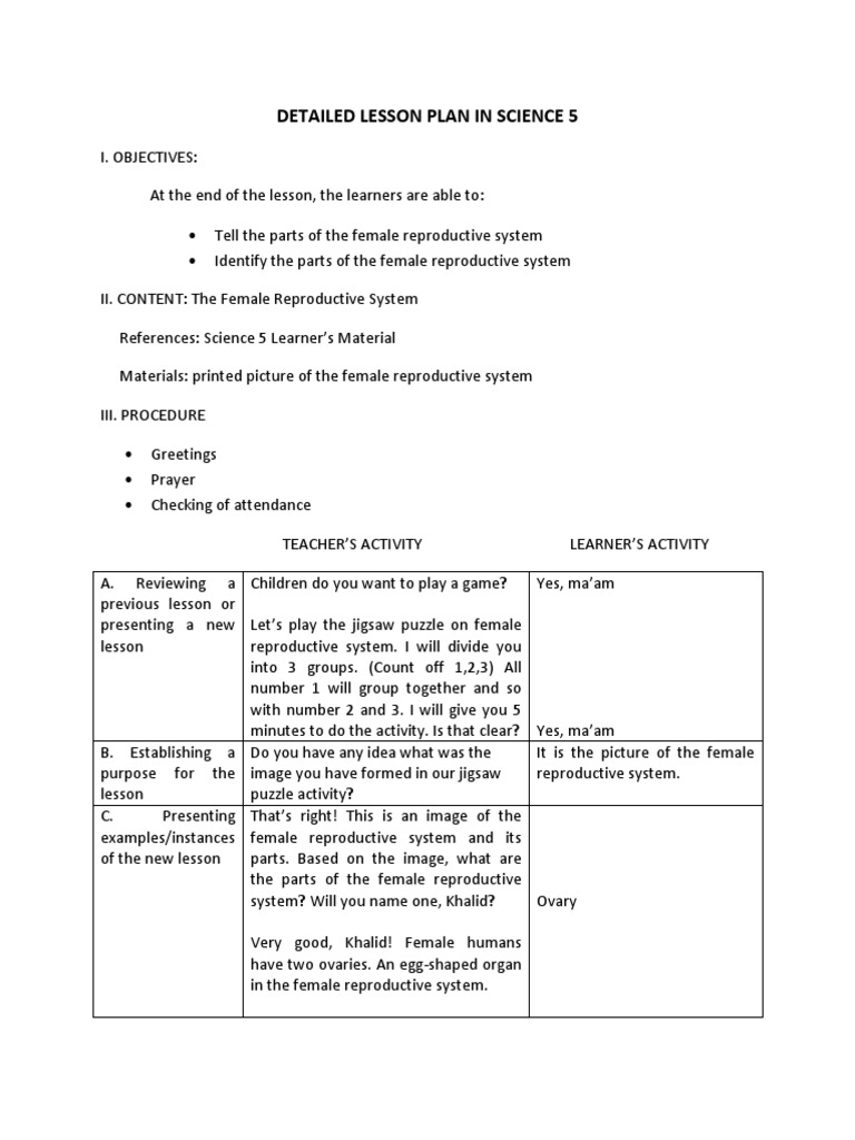 Detailed Lesson Plan in Science 5 | PDF | Reproductive System | Uterus