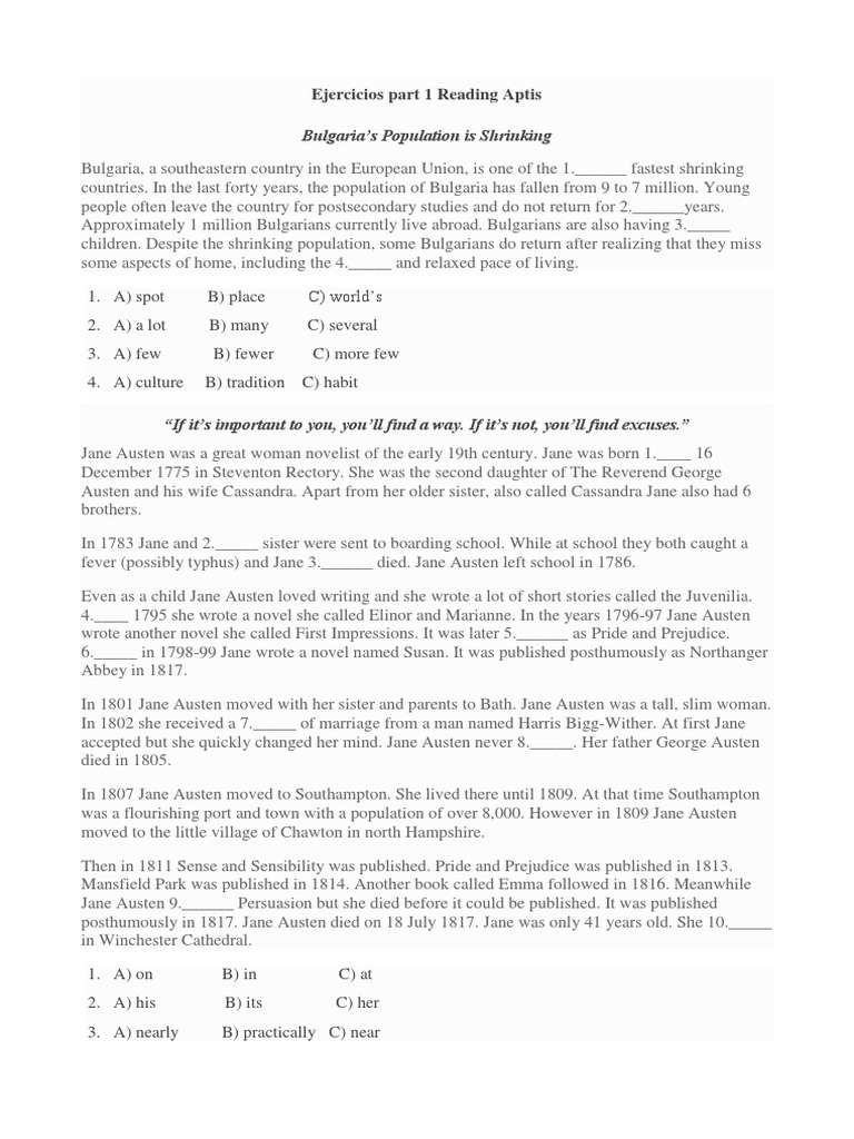 Ejercicios Part 1 Reading Aptis | PDF | Jane Austen | Amazons
