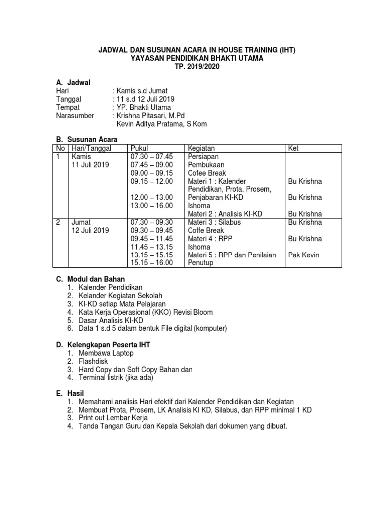 Jadwal Dan Susunan Acara in House Training 2019-2020 | PDF