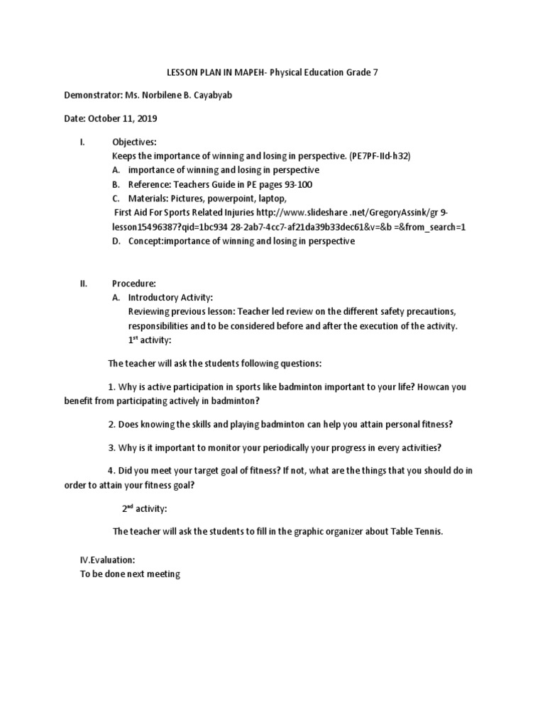 Grade 7 PE Lesson Plan Overview | PDF | Art