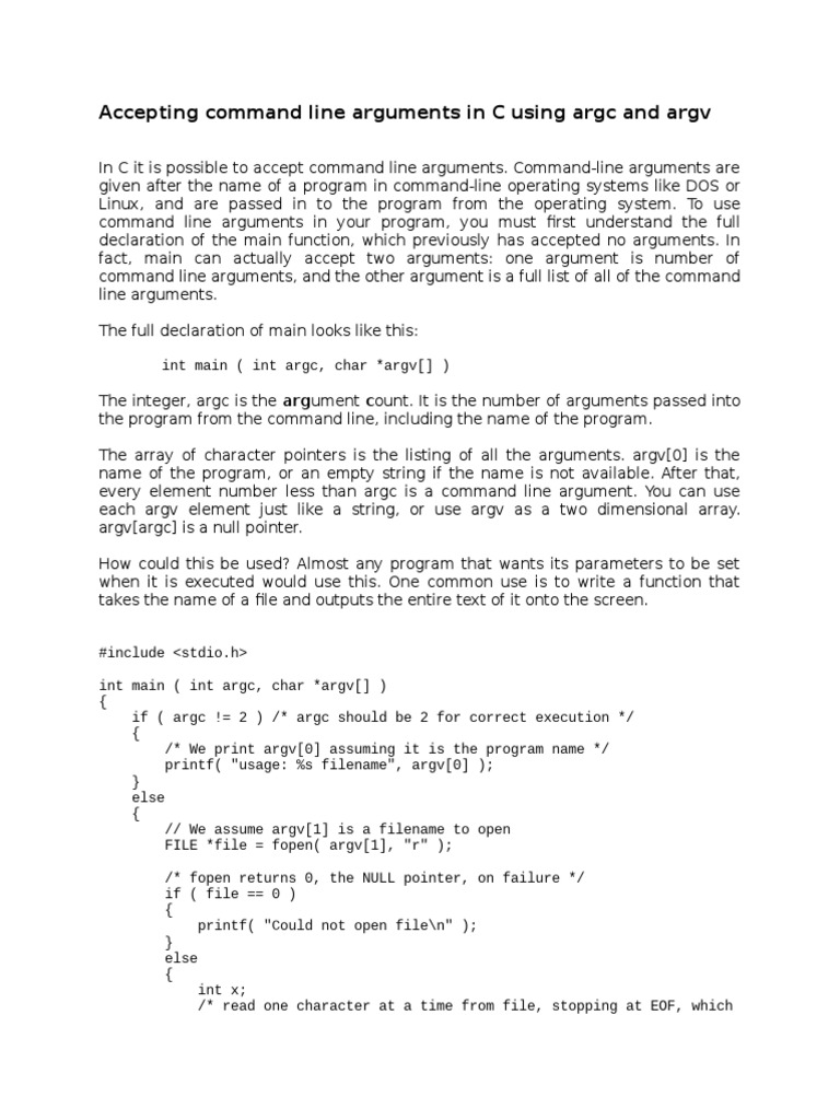 Accepting Command Line Arguments In C Using Argc And Argv Pdf Parameter Computer